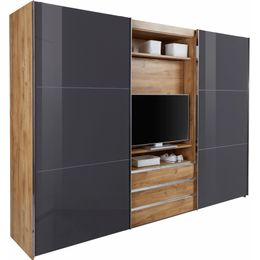 Schwebetürenschrank wimex "Magic by fresh to go", grau (plankeneichefarben, außentüren grauglas), B:300cm H:216cm T:65cm, Schränke, tolles EXTRA: mit drehbarem TV-Element, Fronten aus Glas