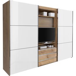 Schwebetürenschrank wimex "Magic by fresh to go", braun (plankeneichefarben, außentüren weißglas), B:300cm H:216cm T:65cm, Schränke, tolles EXTRA: mit drehbarem TV-Element, Fronten aus Glas