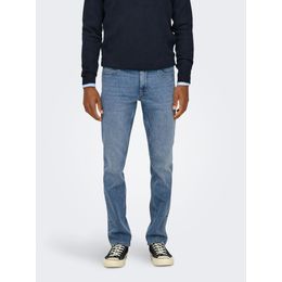 Only & Sons Slim-fit-Jeans ONLY & SONS "ONSLOOM SLIM LBD 8263 AZG DNM NOOS" Gr. 28, Länge 32, blau (light blau denim), Herren, Denim/Jeans, Obermaterial: 50% Baumwolle, 30% Polyester, 18% Viskose, 2% Elasthan, Abriebeffekte, Jeans