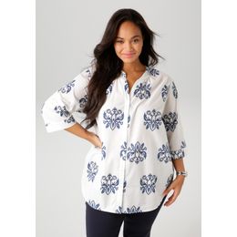 Longbluse ANISTON PLUS Gr. 44, weiß, marine, blau, Damen, Web, Obermaterial: 100% Baumwolle, bedruckt, leicht transparent, Blusen, mit Ornamenten bedruckt - jedes Teil ein Unikat - NEUE KOLLEKTION