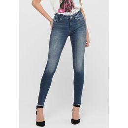 Ankle-Jeans Only "ONLBLUSH MID SK ANK RW REA422 NOOS" Gr. M (38), Länge 34, blau (graublau), Damen, Denim/Jeans, Obermaterial: 92% Baumwolle, 6% Elastomultiester, 2% Elasthan, Abriebeffekte, Jeans, mit Fransensaum