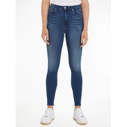 Skinny-fit-Jeans Tommy Jeans "SYLVIA HR SUPER SKNY", Damen, Gr. 32, Länge 30, blau (new niceville mid blau), Denim/Jeans, Obermaterial: 90% Baumwolle, 8% Elastomultiester, 2% Elasthan, unifarben, casual, skinny fit, Jeans, Hochwertige Materialien für einen bequemen und perfekten Sitz.