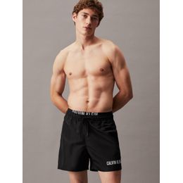 Badeshorts "MEDIUM DOUBLE WB", Herren, Gr. S (48), N-Gr, schwarz, Polyester, Calvin Klein Swimwear, unifarben, kontrastfarbene Details, casual, Badehosen, mit doppeltem Bund