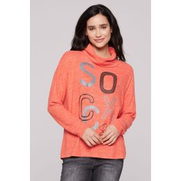 Rollkragenpullover SOCCX, Damen, Gr. L, rot (coral), Material: 53% Viskose, 43% Polyester, 4% Elasthan, bedruckt, Glitzermuster, casual, oversize normal, Rundhals, Pullover, aus Feinstrick