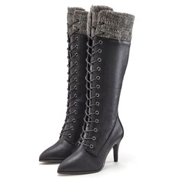 Stiefel Lascana "Stiefelette, Langer Stiefel", Damen, Gr. 41, schwarz, Obermaterial: 100% Lederimitat. Decksohle: 100% Lederimitat. Futter: 100% Lederimitat. Laufsohle: 100% Synthetik, unifarben mit Farbeinsatz, Schuhe Stiefel, mit spitz zulaufender Form und Strickeinsatz