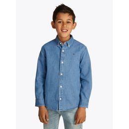 Langarmhemd Tommy Hilfiger "DENIM CHAMBRAY SHIRT LS" Gr. 4 (104), N-Gr, blau (denim medium), Jungen, Denim/Jeans, Obermaterial: 100% Baumwolle, unifarben, Hemden, in blauer Waschung, mit Logostickerei