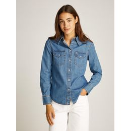 Jeansbluse Tommy Jeans "REGULAR WESTERN SHIRT" Gr. L (40), blau (denim medium), Damen, Denim/Jeans, Obermaterial: 100% Baumwolle, unifarben, Blusen, mit Logostickerei