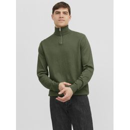 Jack & Jones Troyer JACK & JONES "JJEEMIL KNIT HALF ZIP NOOS", Herren, Gr. M, grün (kombu grün), Strick, Obermaterial: 60% Baumwolle, 20% Nylon, 20% Viskose, unifarben, modisch, regular fit taillenbedeckt, Rundhals, Langarm Rippbündchen, Pullover, mit Rippbündchen