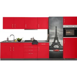 Küchenzeile KOCHSTATION "KS-Paris", rot (küche: rot, grafit, korpus: grafit, arbeitsplatte: anthrazit), B:330cm T:60cm, Komplettküchen-Sets, mit E-Geräten, Breite 330 cm, wahlweise mit Induktionskochfeld