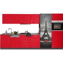 Küchenzeile KOCHSTATION "KS-Paris", rot (küche: rot, grafit, korpus: grafit, arbeitsplatte: anthrazit), B:340cm T:60cm, Komplettküchen-Sets, mit E-Geräten, Breite 340 cm, wahlweise mit Induktionskochfeld