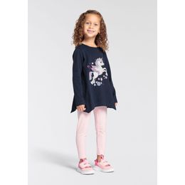 Langarmshirt & Leggings Kidsworld "2tlg. Set Shirt + Leggings", Mädchen, Gr. 128/134, bunt (marine, rosa), Single Jersey, Obermaterial: 100% Baumwolle, bedruckt, modisch, KOB Set-Artikel, Zipfelshirt + Leggings für kleine Mädchen