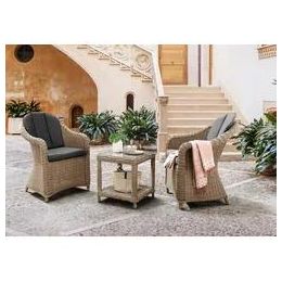 Balkonset Destiny "MALAGA MERANO", braun (natur, meliert, natur, beige, natur, beige), B:62cm H:85cm T:70cm, Aluminium, Polyrattan, Sitzmöbel-Sets, Polyrattan, 2 Sessel + Beistelltisch 46x47x50 cm, inkl. Auflagen