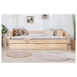 Funktionsbett Ticaa "Melinda, Daybett, Jugendbett, 2 Schlafplätze, Schublade auf Rollen", beige (kiefer massiv natur), B:96cm L:204cm, Daybetten, FSC-zertifizierte Kiefer, 2 Rollroste, Massivholz