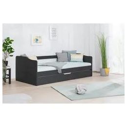 Funktionsbett Ticaa "Melinda, Daybett, Jugendbett, 2 Schlafplätze, Schublade auf Rollen", grau (kiefer massiv anthrazit), B:96cm L:204cm, Kunststoffrollen, Daybetten, FSC-zertifizierte Kiefer, 2 Rollroste, Massivholz