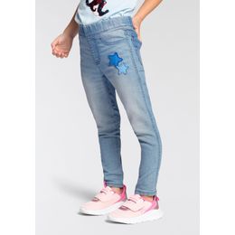 Jeansjeggings Kidsworld "Strecht-Jeans in Schlupfform" Gr. 104, N-Gr, blau (light blau stone), Mädchen, Denim/Jeans, Obermaterial: 75% Baumwolle, 23% Polyester, 2% Elasthan, unifarben, Jeans, schmale Beinform, mit Used-Waschung, normale Leibhöhe