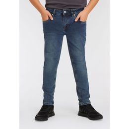 Stretch-Jeans Kidsworld "Basic-Jeans für Jungen" Gr. 128, N-Gr, blau (blau stone), Jungen, Denim/Jeans, Obermaterial: 78% Baumwolle, 20% Polyester, 2% Elasthan, Jeans, Regular Fit, schmale Beinform, mit verstellbarem Gummizug