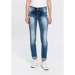 Arizona Damen Skinny-fit-Jeans "mit Kontrastnähten und Pattentaschen", blau, Basic, Gr. 50, Destroyed-Effekte, Denim/Jeans, Obermaterial: 98%