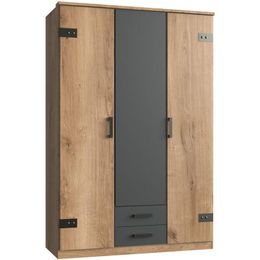 Schrank, 3 Türen, Eichenholzdekor und 2 Schubladen - L135 cm