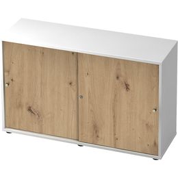 eurokraft pro Schiebetürenschrank, 1 Fachboden, Mitteltrennwand, weiß / Asteiche