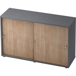 eurokraft pro Schiebetürenschrank, 1 Fachboden, Mitteltrennwand, graphit / Nussbaum-Dekor