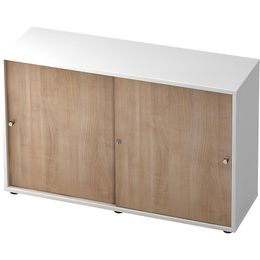 eurokraft pro Schiebetürenschrank, 1 Fachboden, Mitteltrennwand, weiß / Nussbaum-Dekor