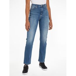 Straight-Jeans Tommy Jeans "Tommy Jeans JULIE - High Waist - Straight Jeans", Damen, Gr. 26, Länge 32, blau (denim medium), Denim/Jeans, Obermaterial: 92% Baumwolle, 6% Elastomultiester, 2% Elasthan, unifarben, casual, straight fit, Jeans, Gerade geschnittene denim Jeans mit hoher Taille und Tommy Logo-Badge