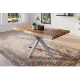 Esstisch 120 x 80 cm Akazie massiv natur Baumkantentisch Spider-Gestell silber ATLAS