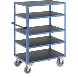 eurokraft pro Etagenwagen CustomLine, 4-seitig offen, 5 Etagen, mit Zentralstopp, lichtblau RAL 5012