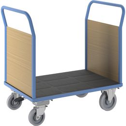 eurokraft pro Plattformwagen mit Holzwänden, mit 2 Stirnwänden, mit Zentralstopp, LxB 1150 x 700 mm