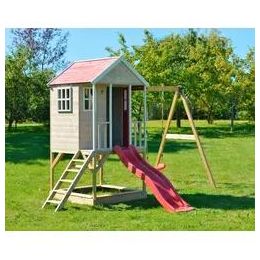 Spielturm WENDI TOYS "WENDI TOYS Alpaka", beige (natur, rot), Spieltürme, KinderB:350cm H:242cm T:290cm, Holz, BxTxH: 350x290x242 cm, B:350cm H:242cm T:290cm