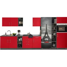 Küchenzeile KOCHSTATION "KS-Paris", rot (küche: rot, grafit, korpus: grafit, arbeitsplatte: anthrazit), B:390cm T:60cm, Komplettküchen-Sets, ohne E-Geräte, Breite 390 cm