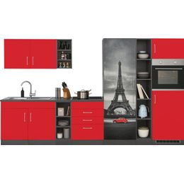 Küchenzeile KOCHSTATION "KS-Paris", rot (küche: rot, grafit, korpus: grafit, arbeitsplatte: anthrazit), B:390cm T:60cm, Komplettküchen-Sets, ohne E-Geräte, Breite 390 cm