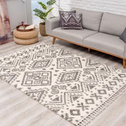 Hochflor-Teppich Carpet City "Pulpy 541" Gr. 5, beige (creme), B:240cm H:30mm L:340cm, Kunstfaser, Teppiche, Fransenteppich, besonders weich, mit Fransen, Ethno Look