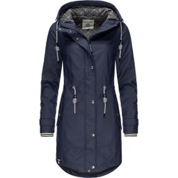 Regenjacke PEAK TIME "L60042", Damen, Gr. XS (34), blau (marine), Obermaterial: 100% Polyurethan, Futter 1: 100% Polyester, Futter 2: 60% Baumwolle, 40% Polyester, Wattierung: 100% Polyester, modisch, tailliert ca. Mitte Oberschenkel, Langarm Ärmel ohne Ärmelschlitz normaler Saum, Jacken, stylisch taillierter Regenmantel für Damen, Topseller