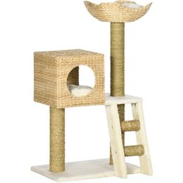 PawHut - Kratzbaum 100,5 cm Katzenbaum mit Katzenhöhle, Bett, Treppe, Katzenkratzbaum mit Sisal-Kratzsäulen, Kissen, für Katzen bis 4,5 kg, Natur