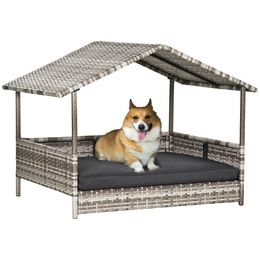 PawHut Rattan Hundehaus Hundebett mit Kissen Hausform Outdoor Hundehütte Grau