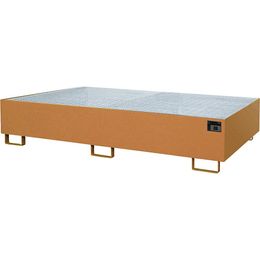eurokraft pro Regal-Bodenwanne, 540 l Auffangvolumen, LxBxH 2650 x 1300 x 300 mm, mit Gitterrost, gelborange