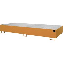 eurokraft pro Regal-Bodenwanne, 540 l Auffangvolumen, LxBxH 3250 x 1300 x 265 mm, mit Gitterrost, gelborange