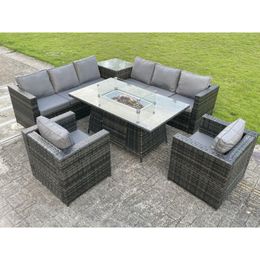 Rattan Garten Eckmöbel Gas Feuergrube Esstisch Gas Heizung Sets Lounge Stühle Beistelltisch Dunkelgrau 8 Sitzer - Fimous