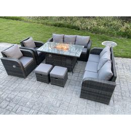 Outdoor Rattan Lounge Gartenmöbel Set Poly Rattan Sitzgruppe Gas Feuerstelle Esstisch 2 Liegende Stühle 3 Sitzer Sofa Fußhocker 10 Sitzer - Fimous