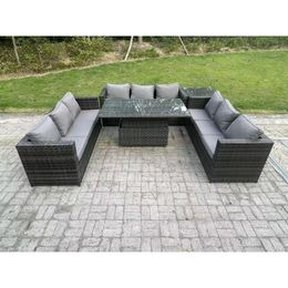 9-Sitzer Rattan Gartenmöbel Sofa Set Patio Einstellbarer aufsteigender Esstisch Set mit Beistelltisch Dunkelgrau gemischt - Fimous