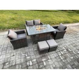 Fimous - 6-Sitzer Rattan Gartensofa Set Gartenmöbel Gas Feuerstelle Esstisch mit 2 Kleiner Fußhocker Dunkelgrau Gemischt