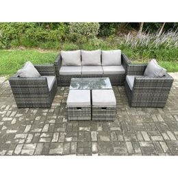 Outdoor Rattan Gartenmöbel Set mit 3-Sitzer Sofa Couchtisch 2 Sessel 2 Kleiner Fußhocker Patio Lounge Sofa Set Dunkelgrau Gemischt - Fimous