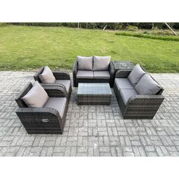 Fimous Rattan Gartenmöbel Set 6 Sitzer Patio Outdoor Lounge Sofa Set mit 2 Liegestühlen Rechteckiger Couchtisch Beistelltisch Dunkelgrau Gemischt