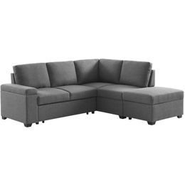 3-Sitzer-Ecksofa mit Schlaffunktion, Stoffbezug und Hocker, Polyester, Dunkelgrau - Sweeek