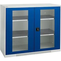 Schäfer Shop Schäfer Shop Genius Sichttürschrank FS, 3 OH, abschließbar, 2 Fachböden, bis 450 kg, B 1343 mm, Stahl, lichtgrau RAL 7035/enzianblau RAL 5010