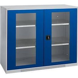 Schäfer Shop Schäfer Shop Genius Sichttürschrank FS, 3 OH, abschließbar, 2 Fachböden, bis 450 kg, B 1343 mm, Stahl, weißaluminium RAL 9006/enzianblau RAL 5010