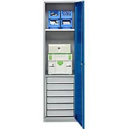 Schäfer Shop Schäfer Shop Genius Materialschrank FS, 5 OH, abschließbar, 2 Fachböden/6 Schübe, bis 250 kg, B 545 x T 520 x H 1950 mm, Stahl, weißalu/enzianblau