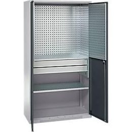 Schäfer Shop Schäfer Shop Genius Materialschrank FS, 5 OH, abschließbar, Lochrasterwände/2 Schübe/2 Fachböden, bis 450 kg, B 1055 x T 520 x H 1950 mm, weißalu/anthrazitgrau