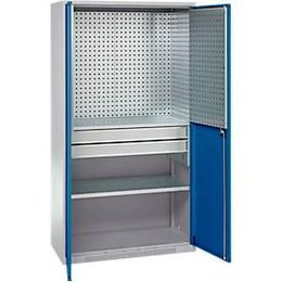 Schäfer Shop Schäfer Shop Genius Materialschrank FS, 5 OH, abschließbar, Lochrasterwände/2 Schübe/2 Fachböden, bis 450 kg, B 1055 x T 520 x H 1950 mm, weißalu/enzianblau